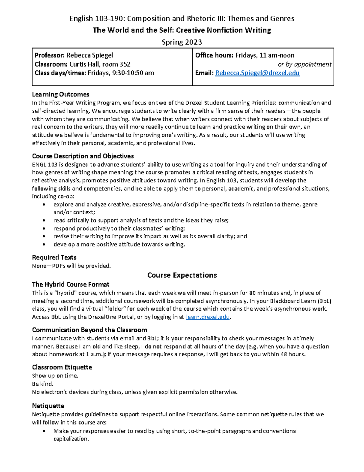 ENGL 103-190 S23 Spiegel - Eng 103 - Studocu