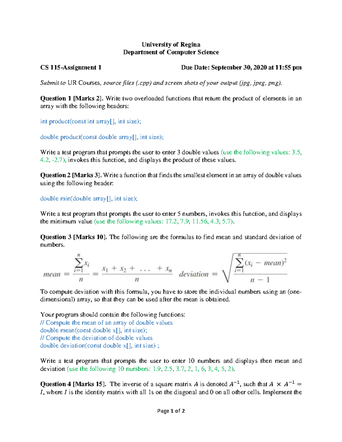 CS 115-003 Assignment-1 Fall-2020 - Page 1 of 2 University of Regina Department of Computer ...