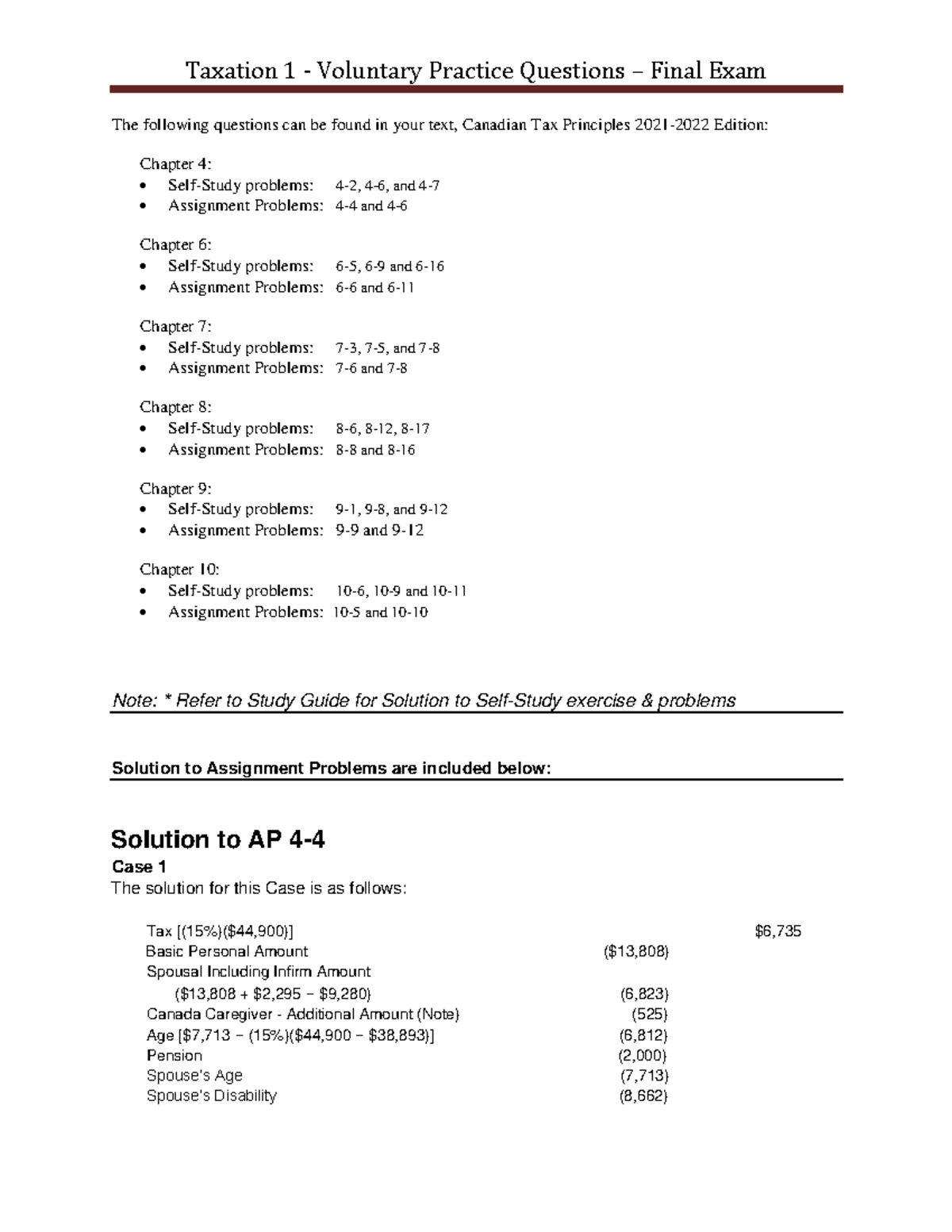 Taxation - Assignemnt Problems Solutions - The following questions can ...