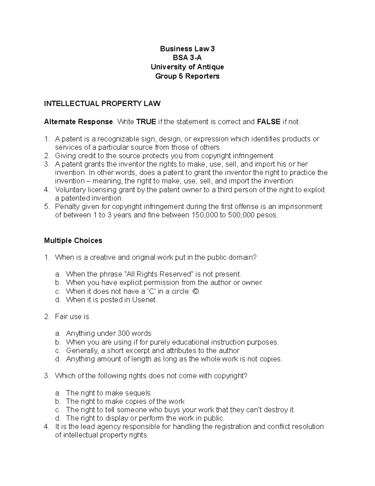 Intellectual Property Quiz Group 5 - Business Law 3 BSA 3-A University ...