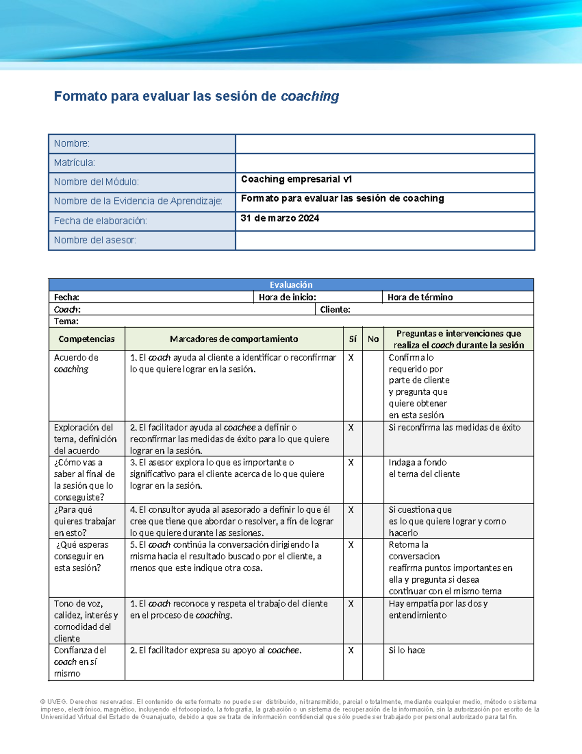 Stoduco - Formato para evaluar las sesión de coaching Nombre: Matrícula ...