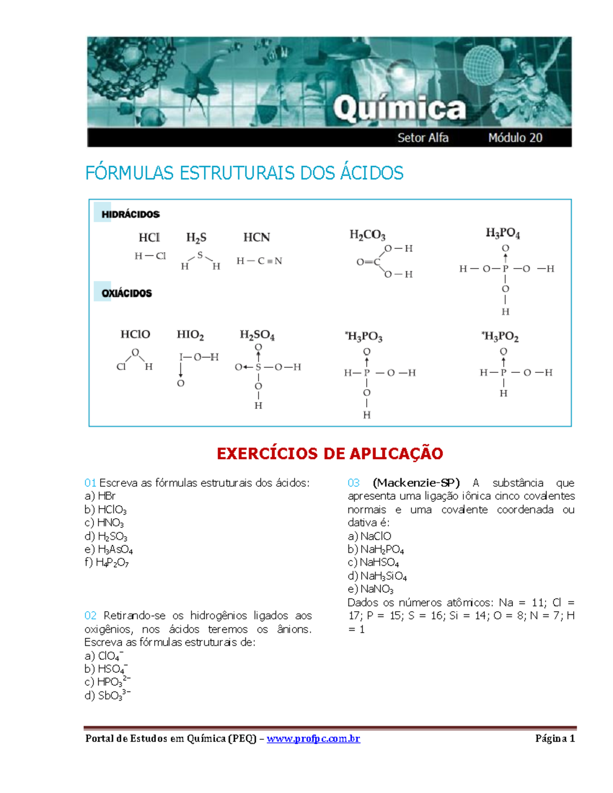 Alfa - Módulo 20 - FÓRMULAS ESTRUTURAIS DOS ÁCIDOS EXERCÍCIOS DE ...