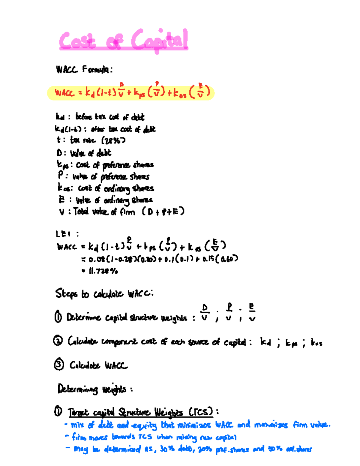 COST OF Capital - WACC Formula wAcc Kd I t I t Kps E Kos E lid before ...