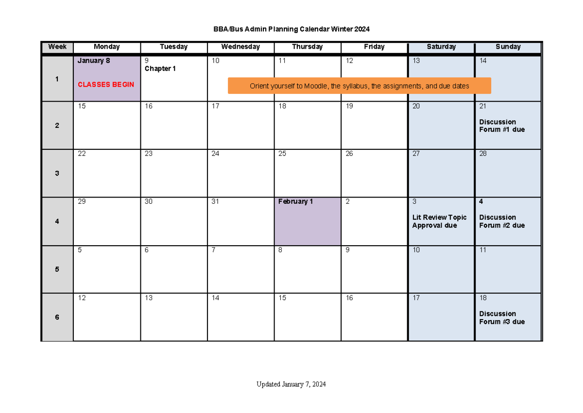 COMM 3321 Planning Calendar Winter 2024 - BBA/Bus Admin Planning ...