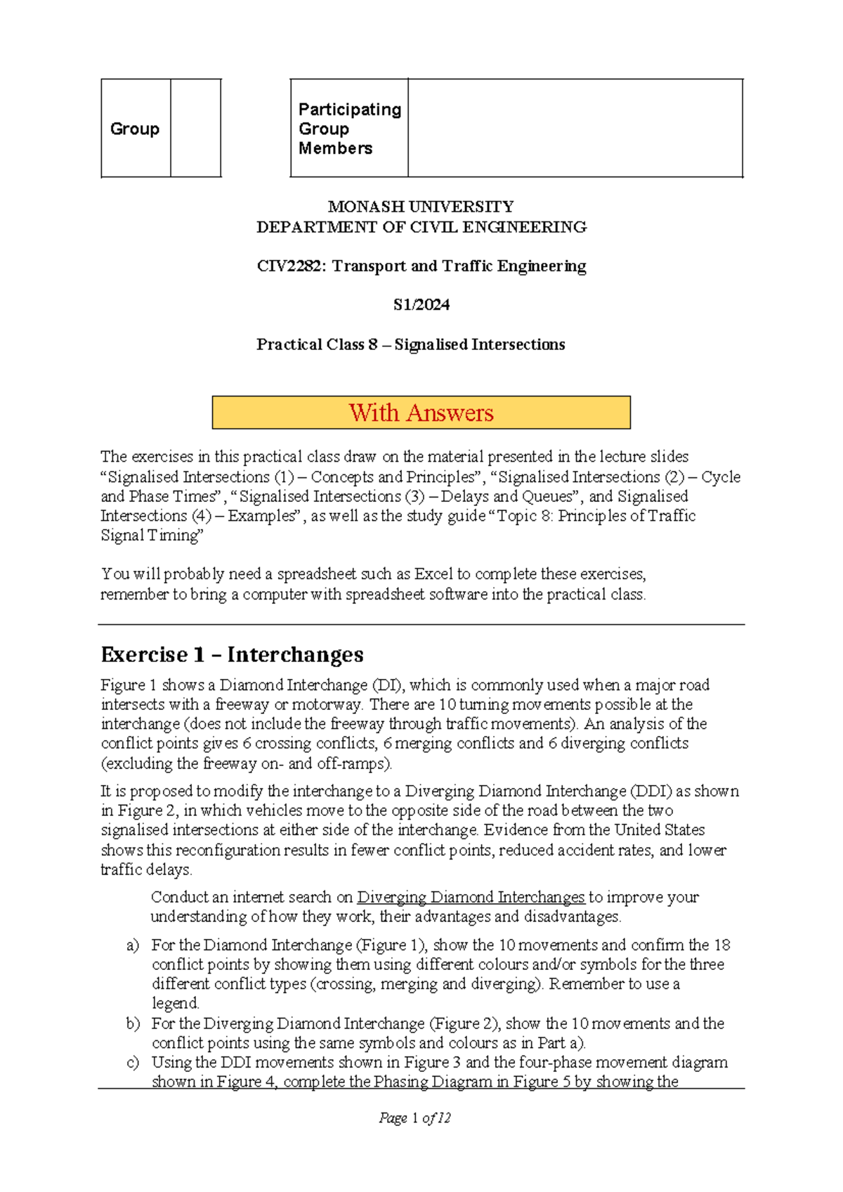 CIV2282 S1 2024 - Prac Class 8 - Signalised Intersections with solutions DN - Group ...