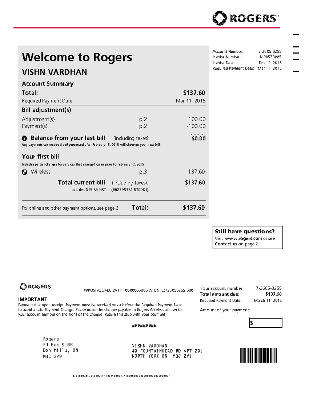 268209000-Rogers Bill-1 - Account Number: 7-2605- Invoice Number ...