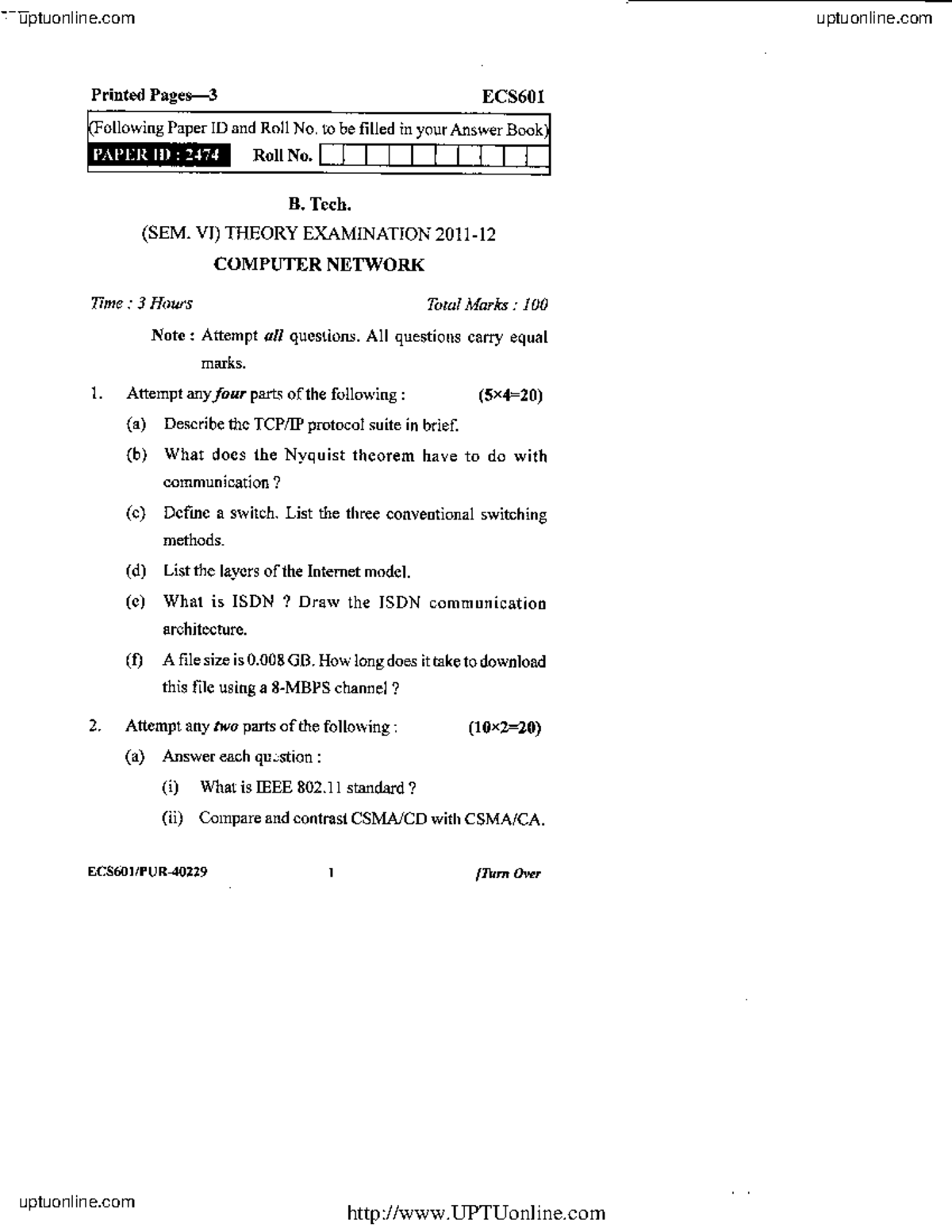Btech Cs 6 Sem Computer Network Ecs 601 2012 Printed Pages 3 Ecs6oi B Tech Sem Vi Theory