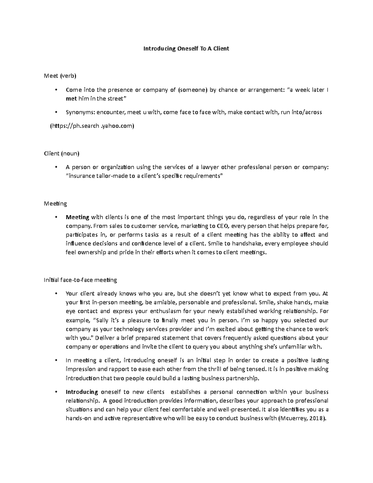 Introducing Oneself To A Client - yahoo) Client (noun) A person or ...