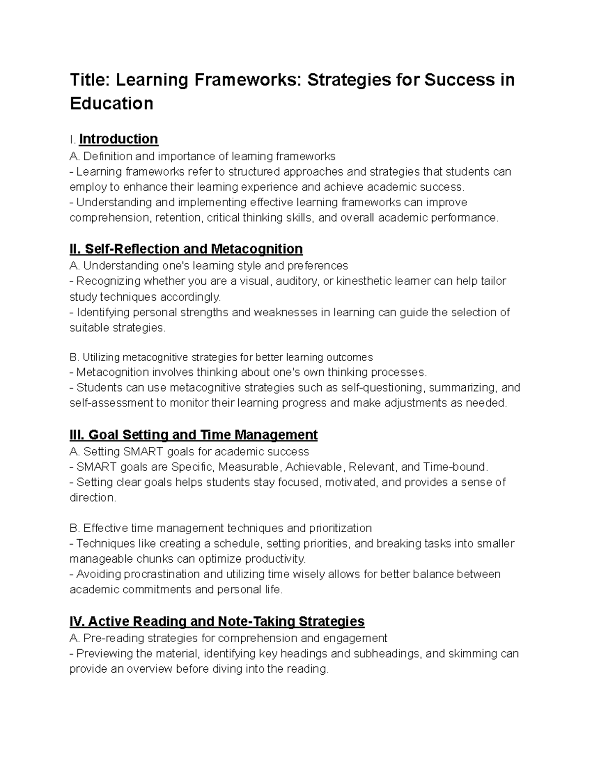 Title Learning Frameworks Strategies for Success in Education ...