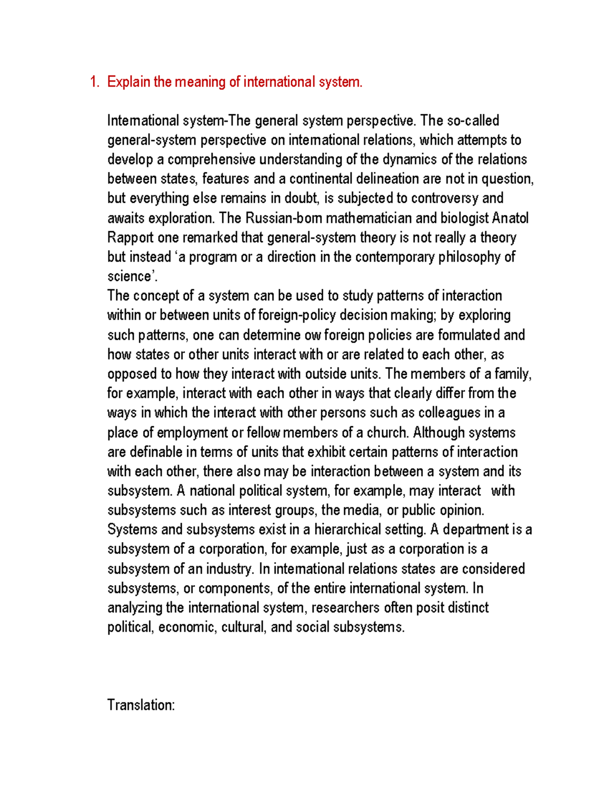 International relation - 1. Explain the meaning of international system ...