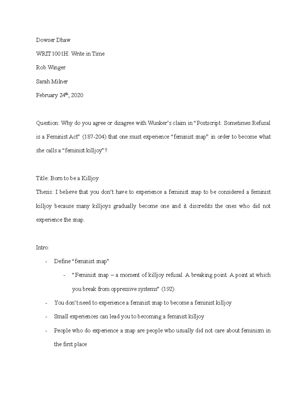 Persuasive Essay Outline - Dowser Dhaw WRIT1001H: Write in Time Rob ...