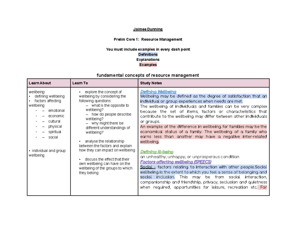 Core 1 - N/A - Jaimee Dunning Prelim Core 1: Resource Management You ...