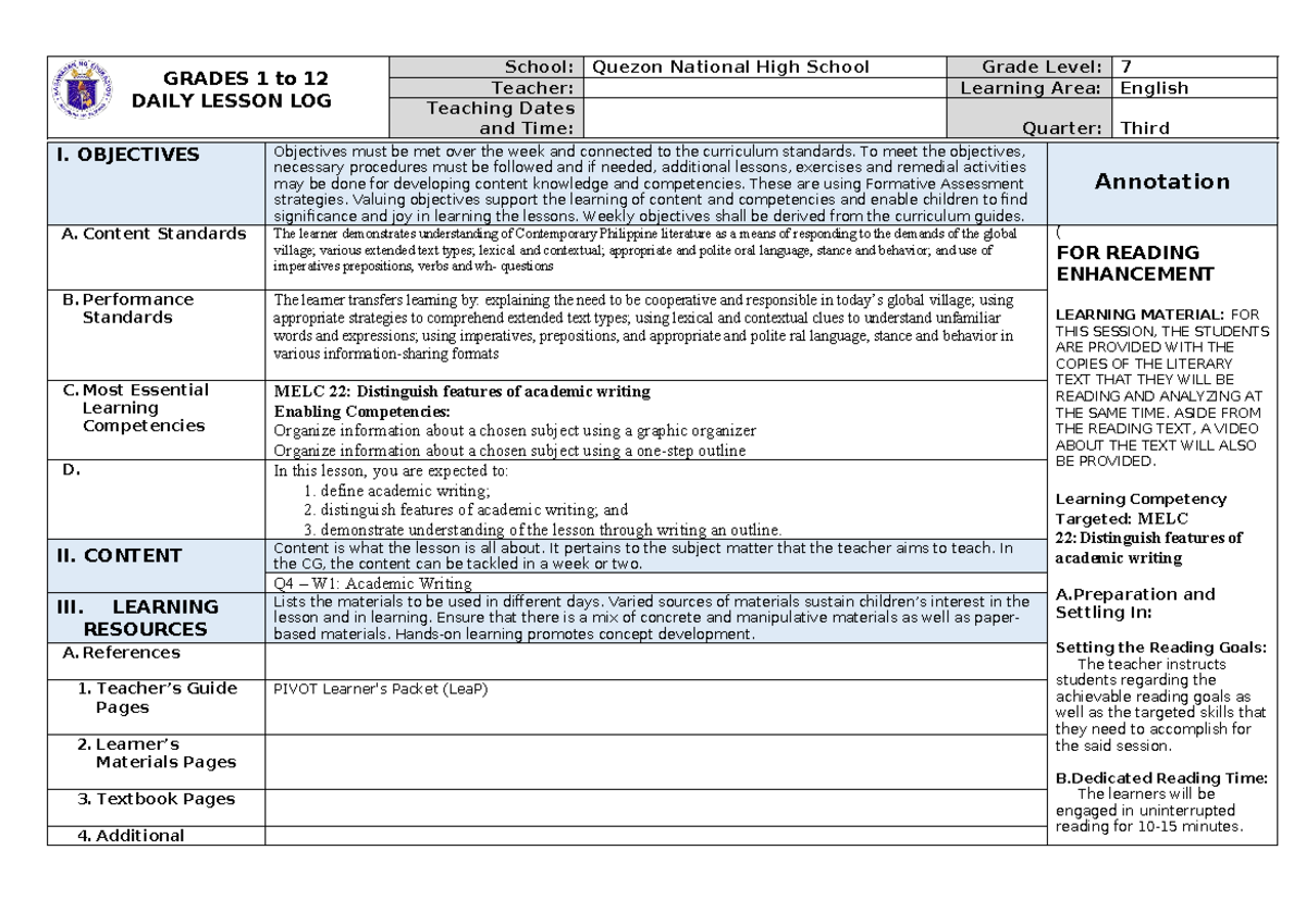 Q4 English 7 week 1 - GRADES 1 to 12 DAILY LESSON LOG School: Quezon ...