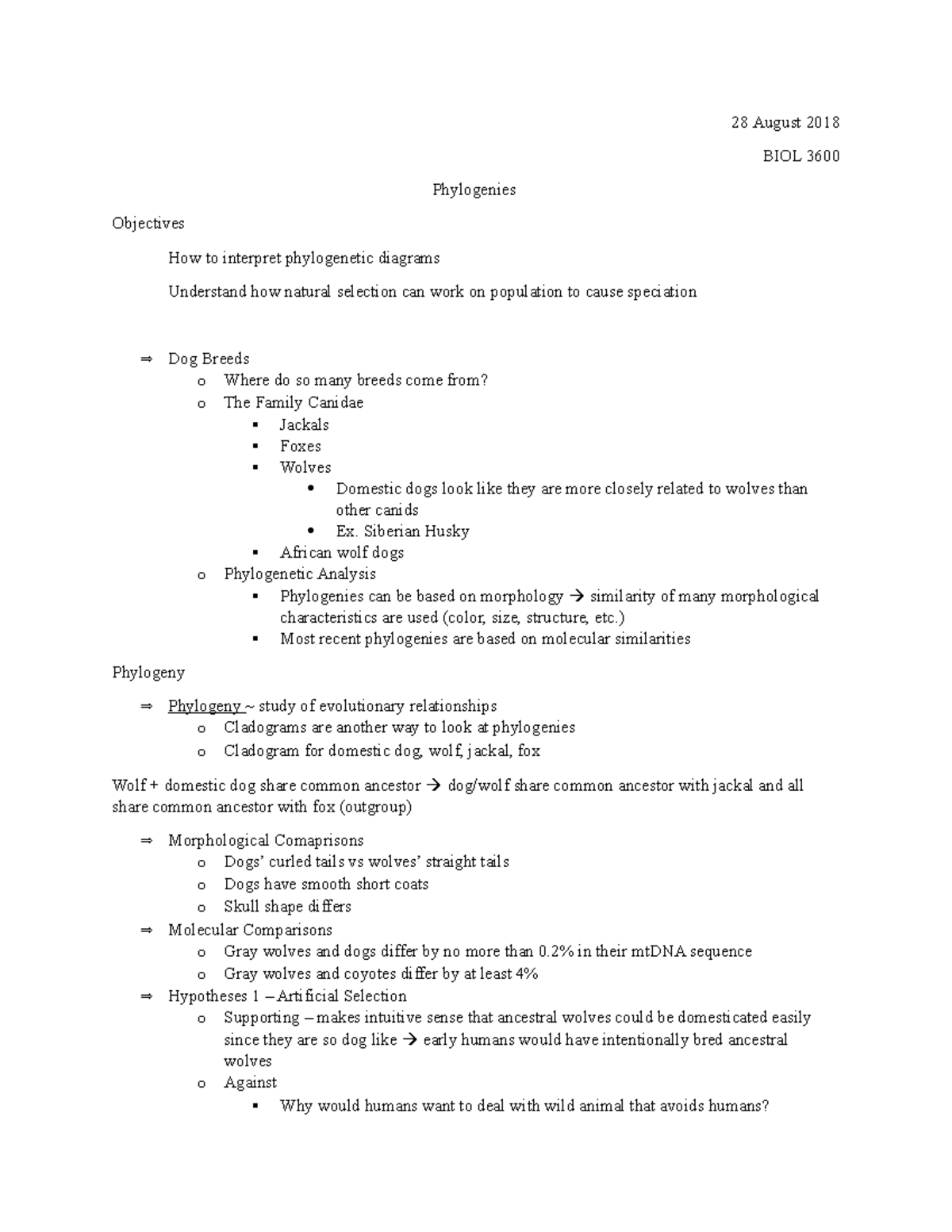 28 August - Phylogenies - 28 August 2018 BIOL 3600 Phylogenies ...