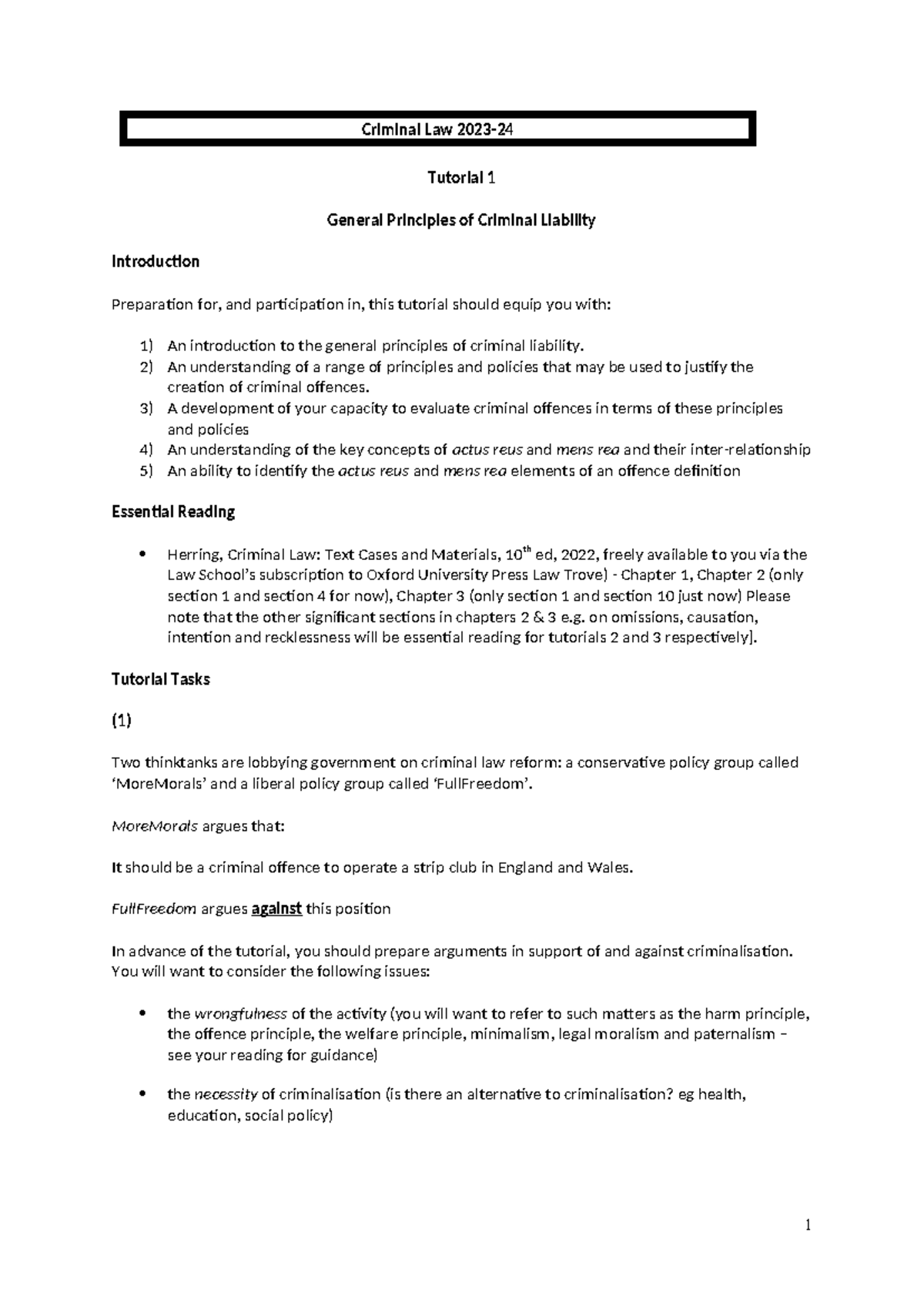 Tutorial 1 (General Principles) - Criminal Law 2023- Tutorial 1 General Principles of Criminal ...