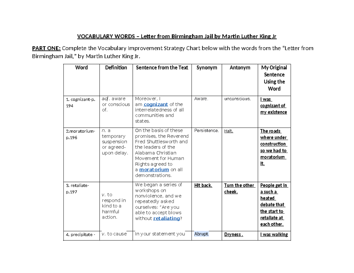Vocabulary Words VIS Chart- Letter from Birmingham Jail-1 - VOCABULARY ...