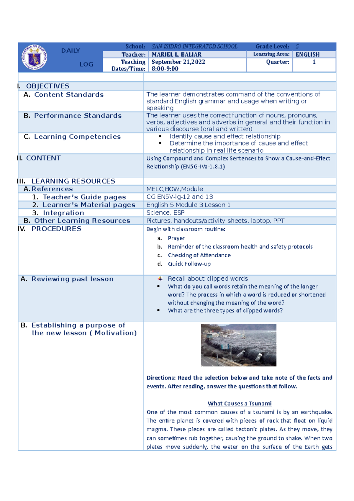 English 5-COT - DAILY LESSON LOG School: SAN ISIDRO INTEGRATED SCHOOL ...
