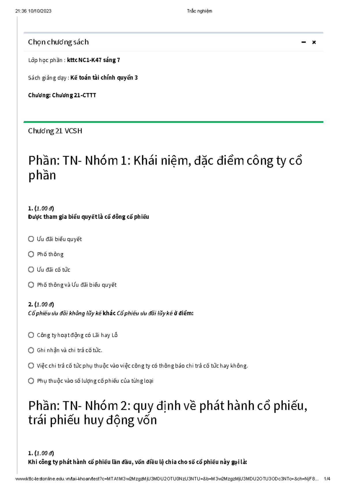 Trắc-nghiệm 21 - Trắc nghiệm ktbctc c10 kt htk - Chọn chương sách Lớp học phần : kttc NC1-K47 ...