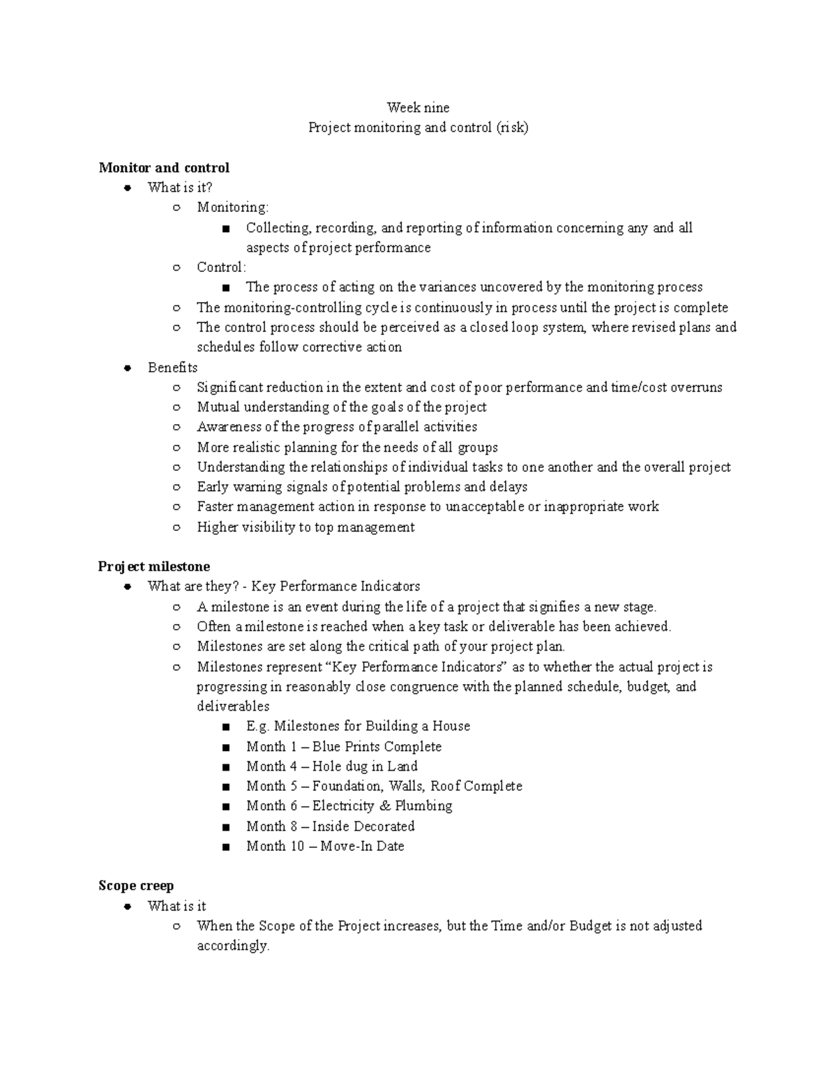 Week nine - lecture nine notes - monitoring and control - Week nine ...