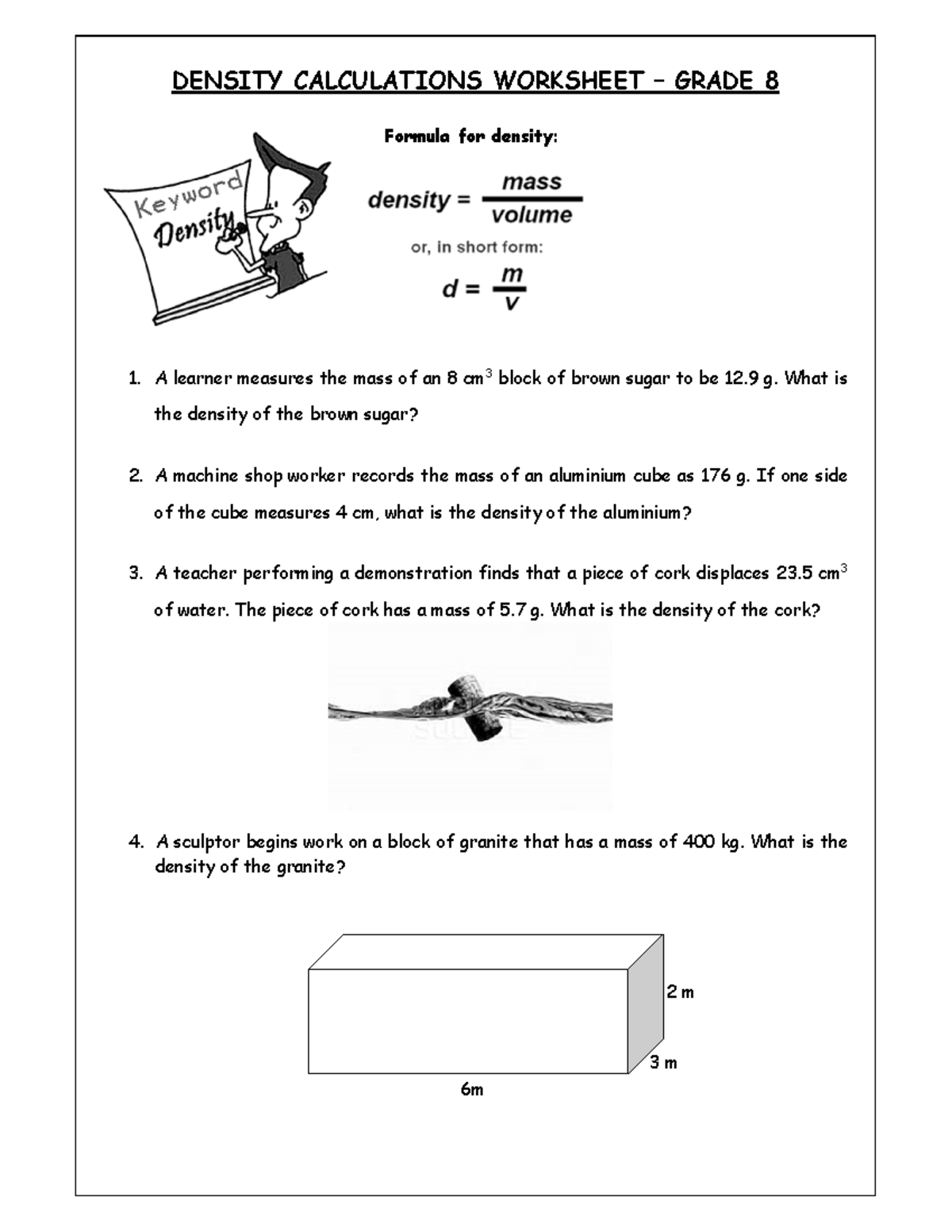 Gr 8 NS Density calculations - DENSITY CALCULATIONS WORKSHEET – GRADE 8 ...