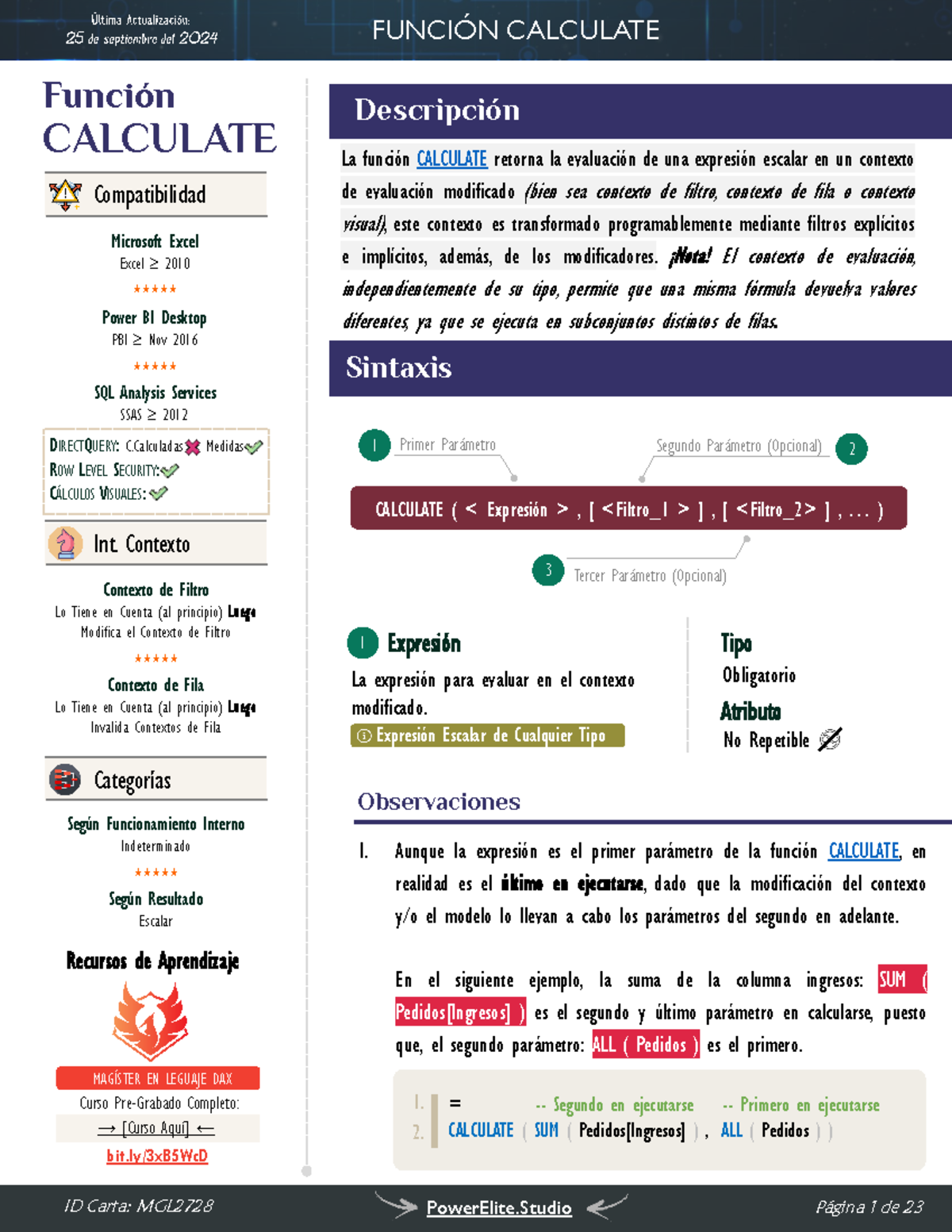 Ficha Tecnica Calculate Mago de la Modificacion de Contextos - 7n EE La función CALCULATE ...