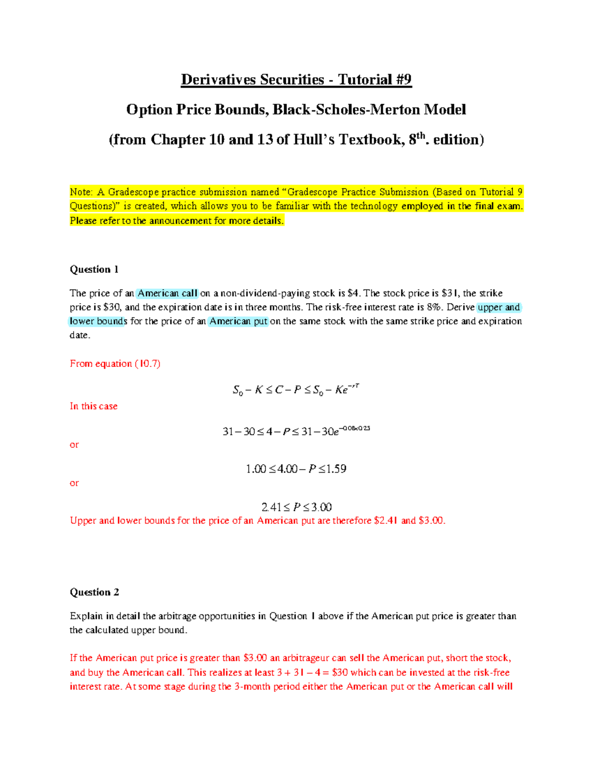 Tutorial 9 Question and Answer - Derivatives Securities - Tutorial Option Price Bounds, - Studocu