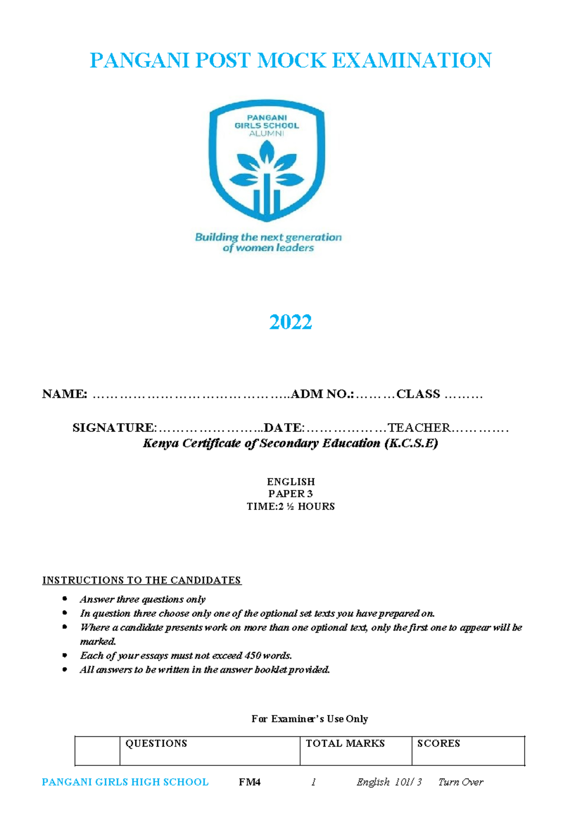 English-PP-3 - English paper 3 question - PANGANI POST MOCK EXAMINATION ...