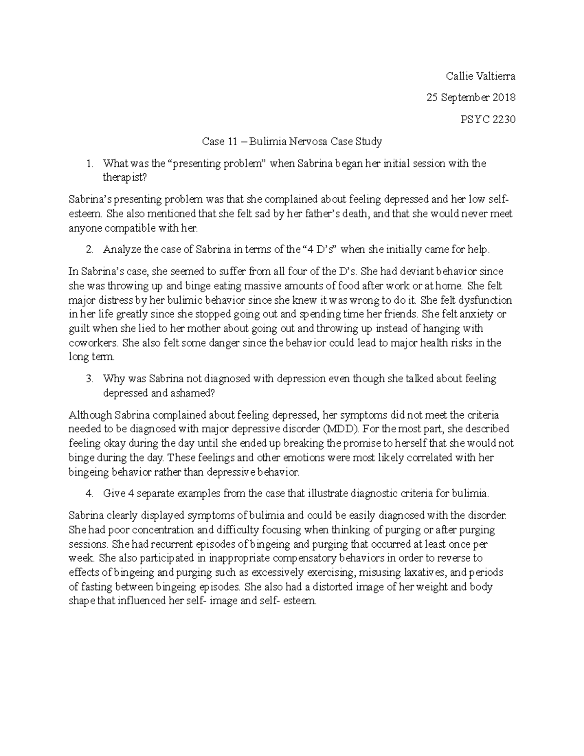 Case 11 - Bulimia - Callie Valtierra 25 September 2018 PSYC 2230 Case ...