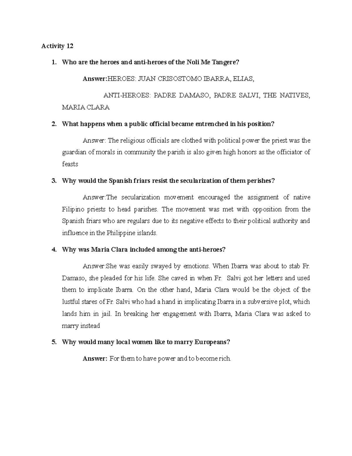 A12 - A Chapter 12 - Activity 12 Who are the heroes and anti-heroes of the Noli Me Tangere ...