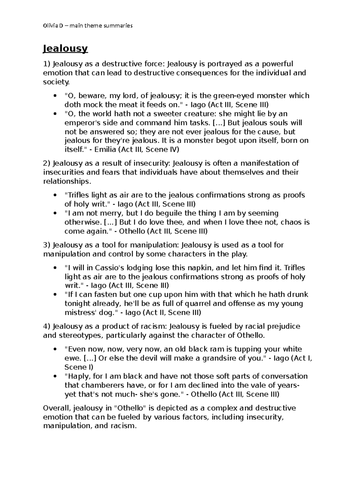 Othello theme summaries + quotes - Jealousy Jealousy as a destructive ...