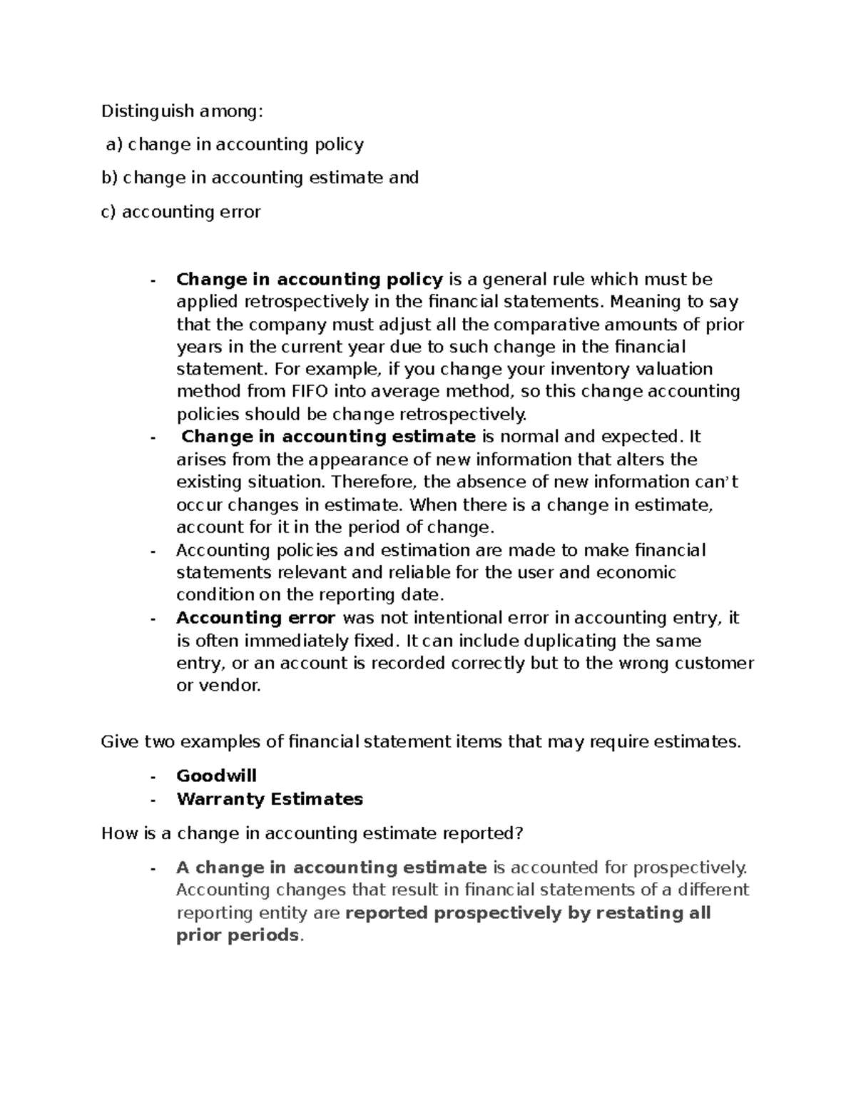 Assignment objectives - Distinguish among: a) change in accounting ...