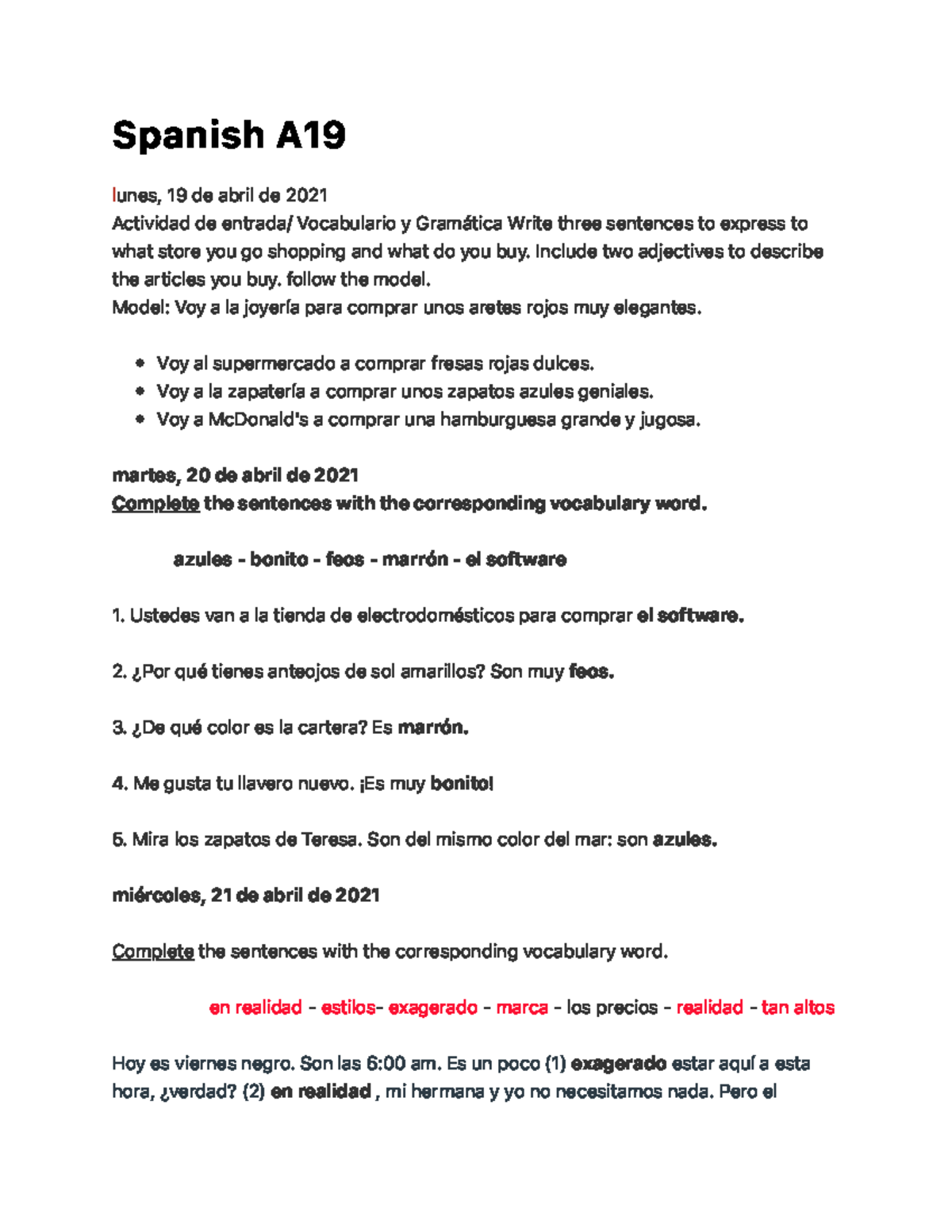 Spanish A19 - A19 Notes - S p a n i s h A1 9 lunes, 19 de abril de 2021 ...
