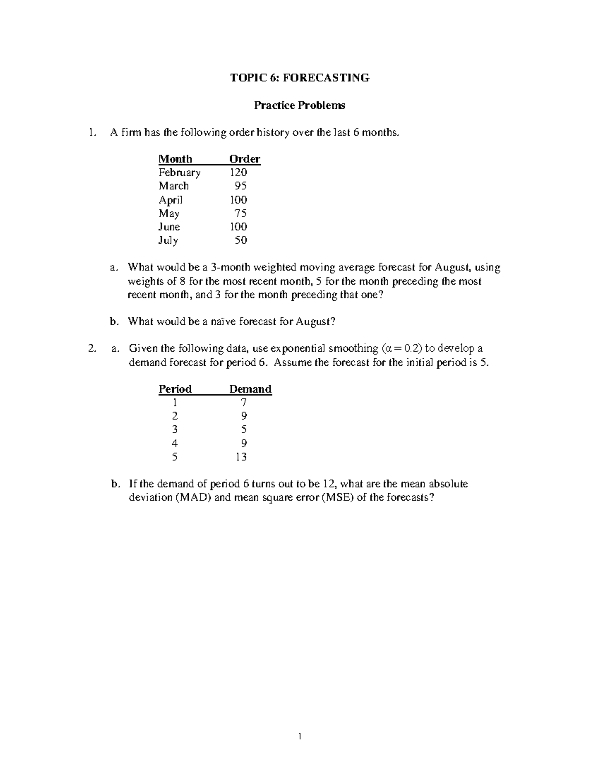 Topic 6 - Practice Problems - Questions - TOPIC 6: FORECASTING Practice ...
