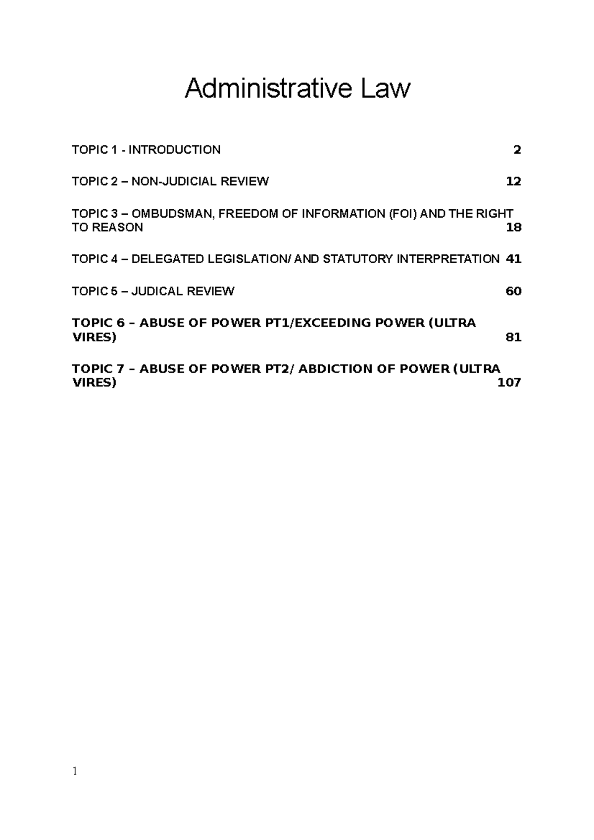 Notes - Admin - Administrative Law TOPIC 1 - INTRODUCTION 2 TOPIC 2 ...