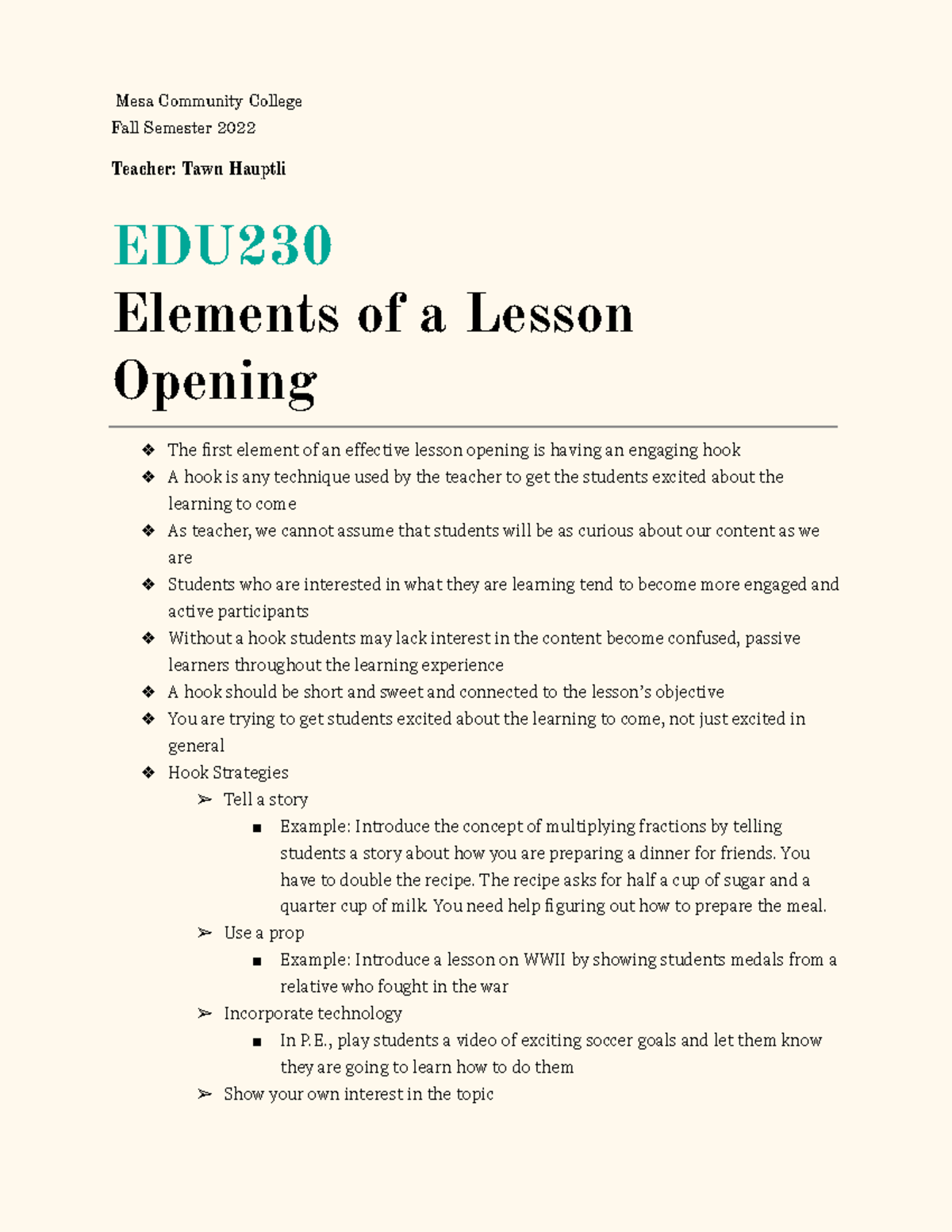 Inspire 26 - Notes corresponding to Elements of a Lesson Opening ...