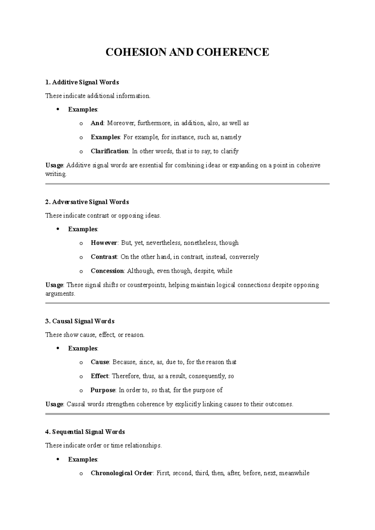 Cohesion AND Coherence - COHESION AND COHERENCE Additive Signal Words ...