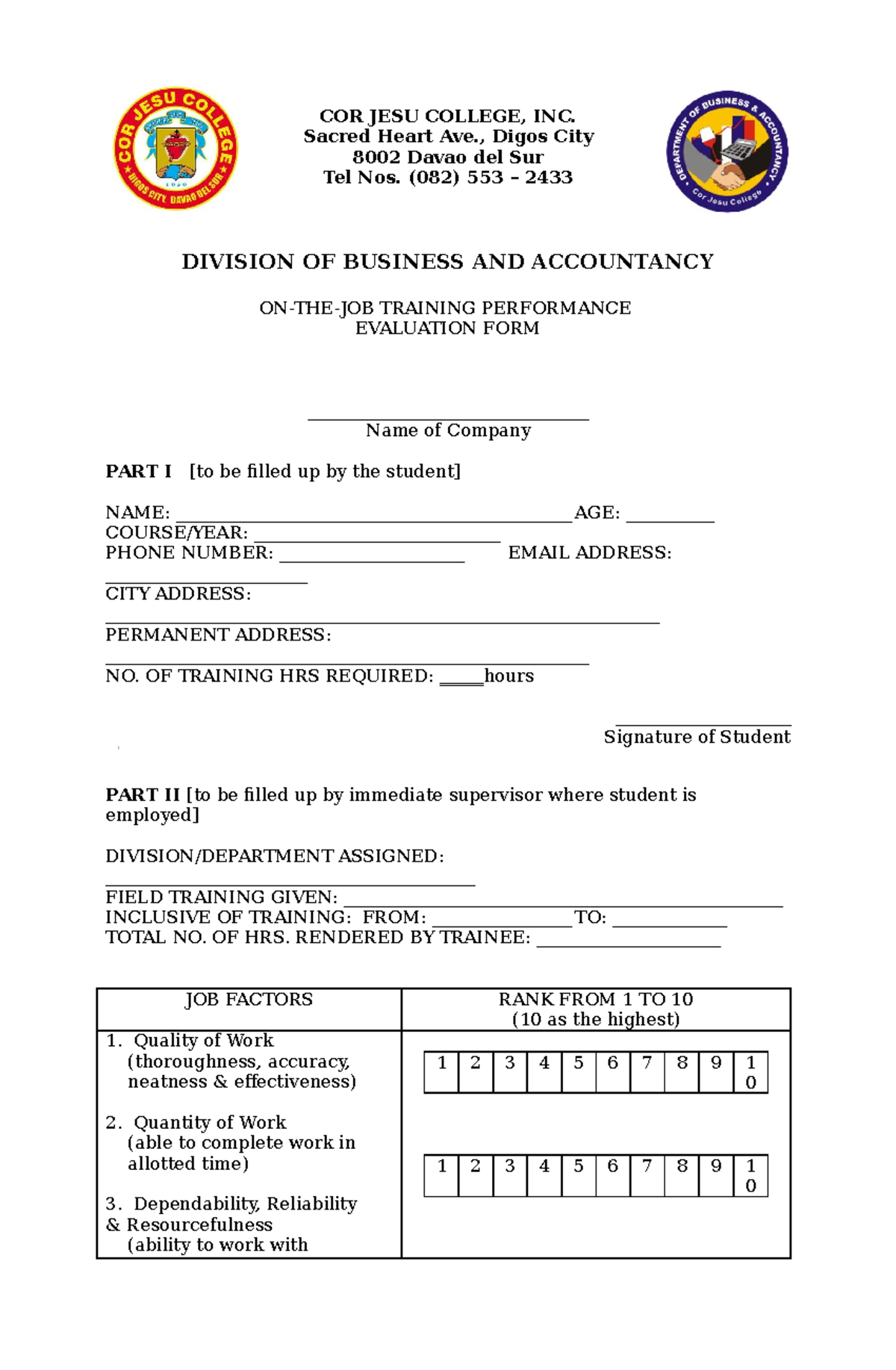 Performance-Evaluation-Form - COR JESU COLLEGE, INC. Sacred Heart Ave ...