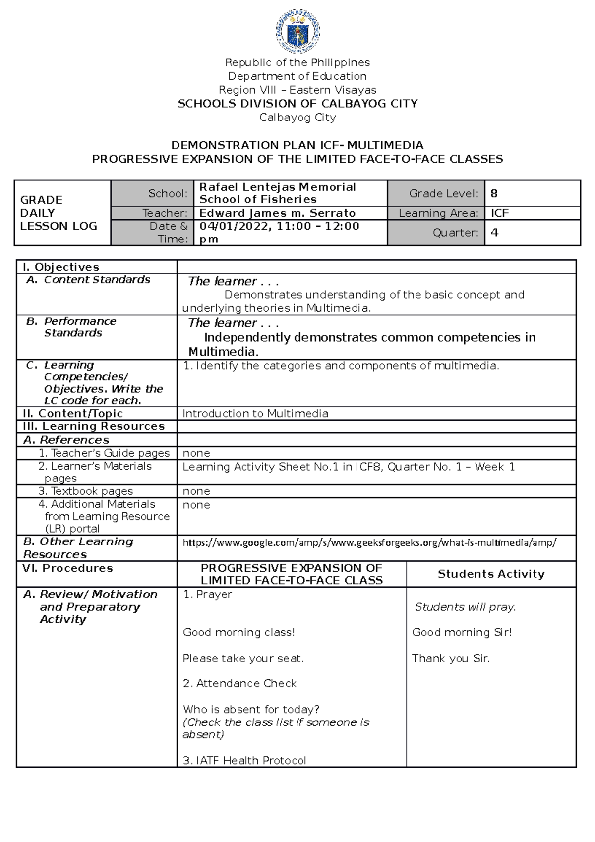 LP - Lesson Plan - Republic of the Philippines Department of Education ...