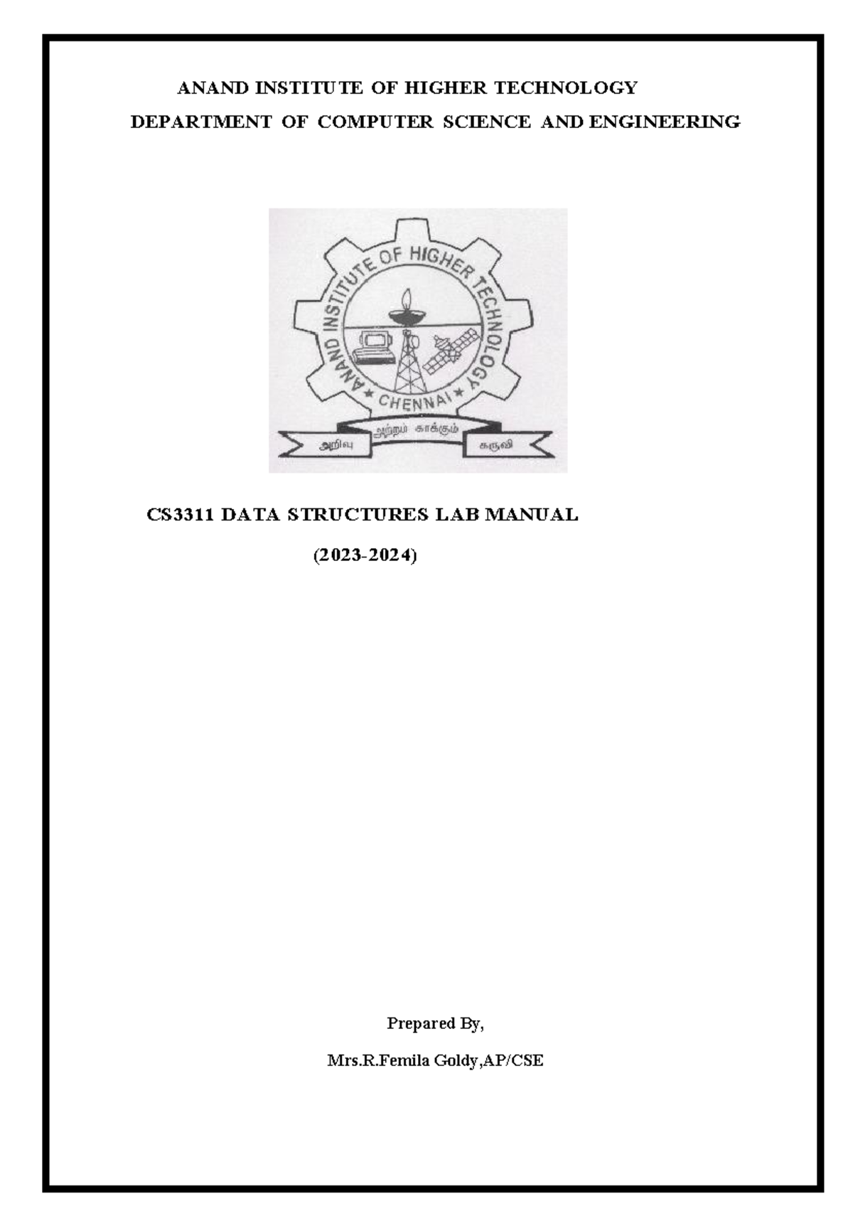 DATA Structures LAB Manual - ANAND INSTITUTE OF HIGHER TECHNOLOGY ...