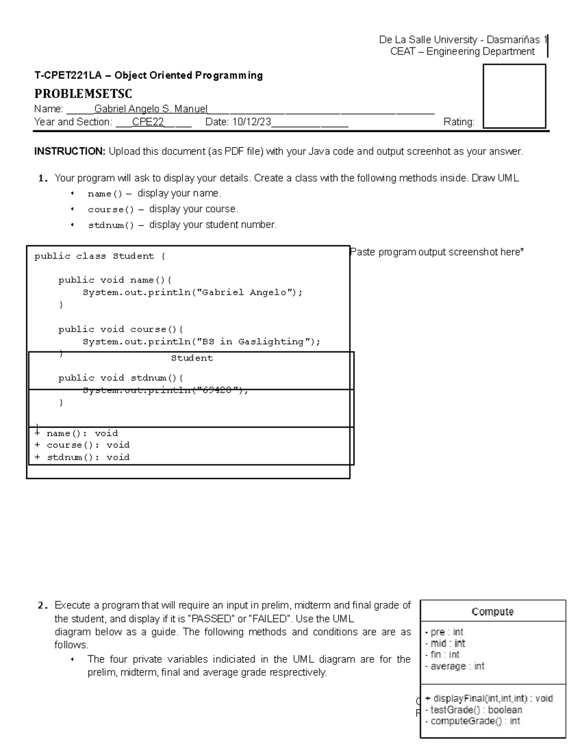 CEAT – Engineering Department - OOP Problem Sets C Manuel - CEAT – Engineering Department - Studocu