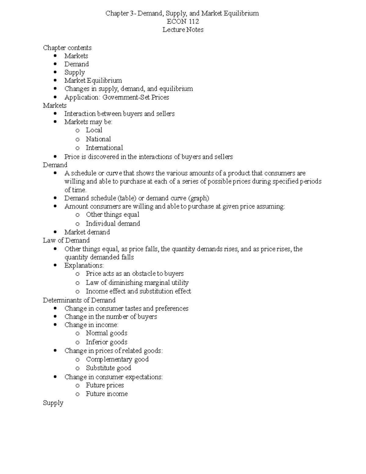 Econ 112- chapter 3 - Lecture notes 3 - Chapter 3- Demand, Supply, and ...