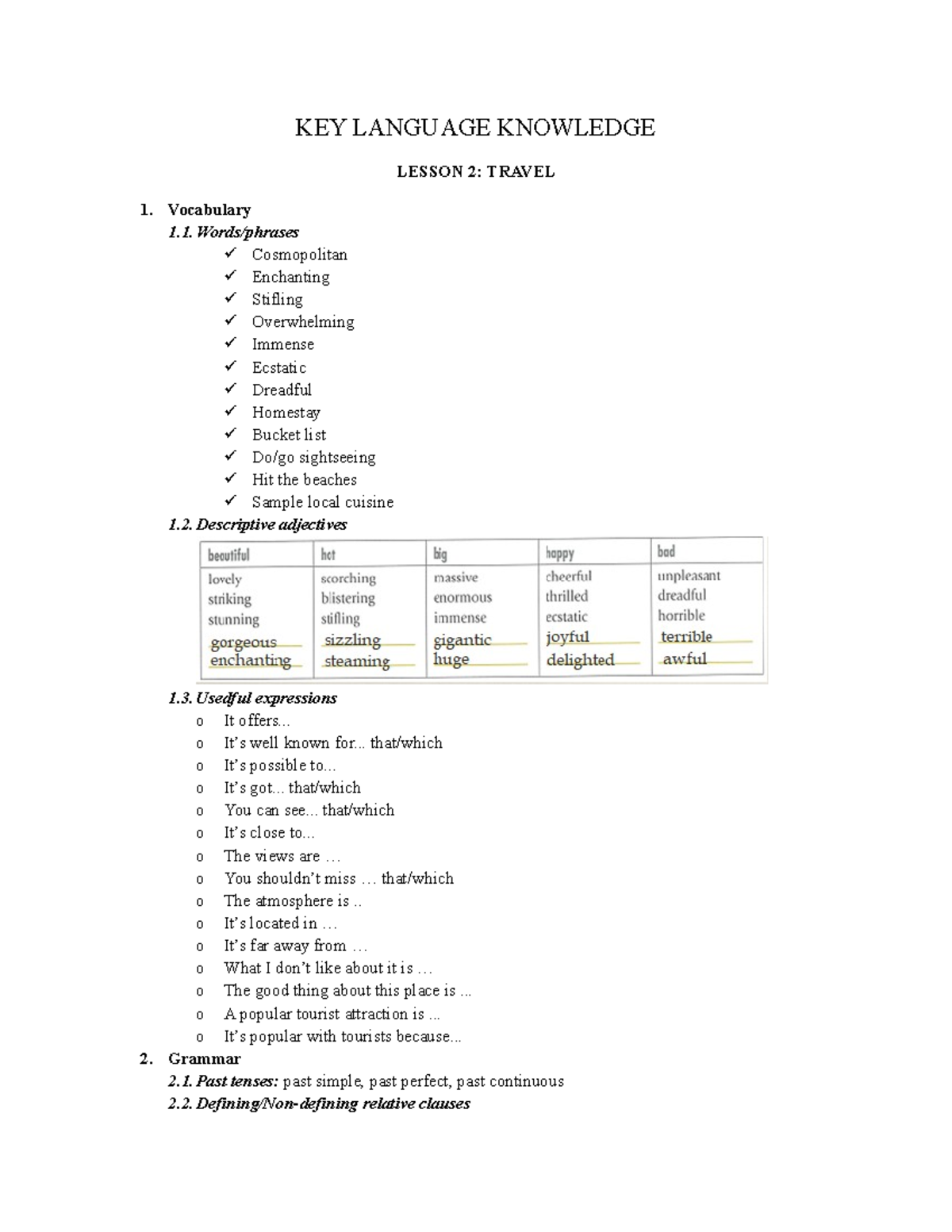 KEY Language Knowledge WEEK 2 - KEY LANGUAGE KNOWLEDGE LESSON 2: TRAVEL ...