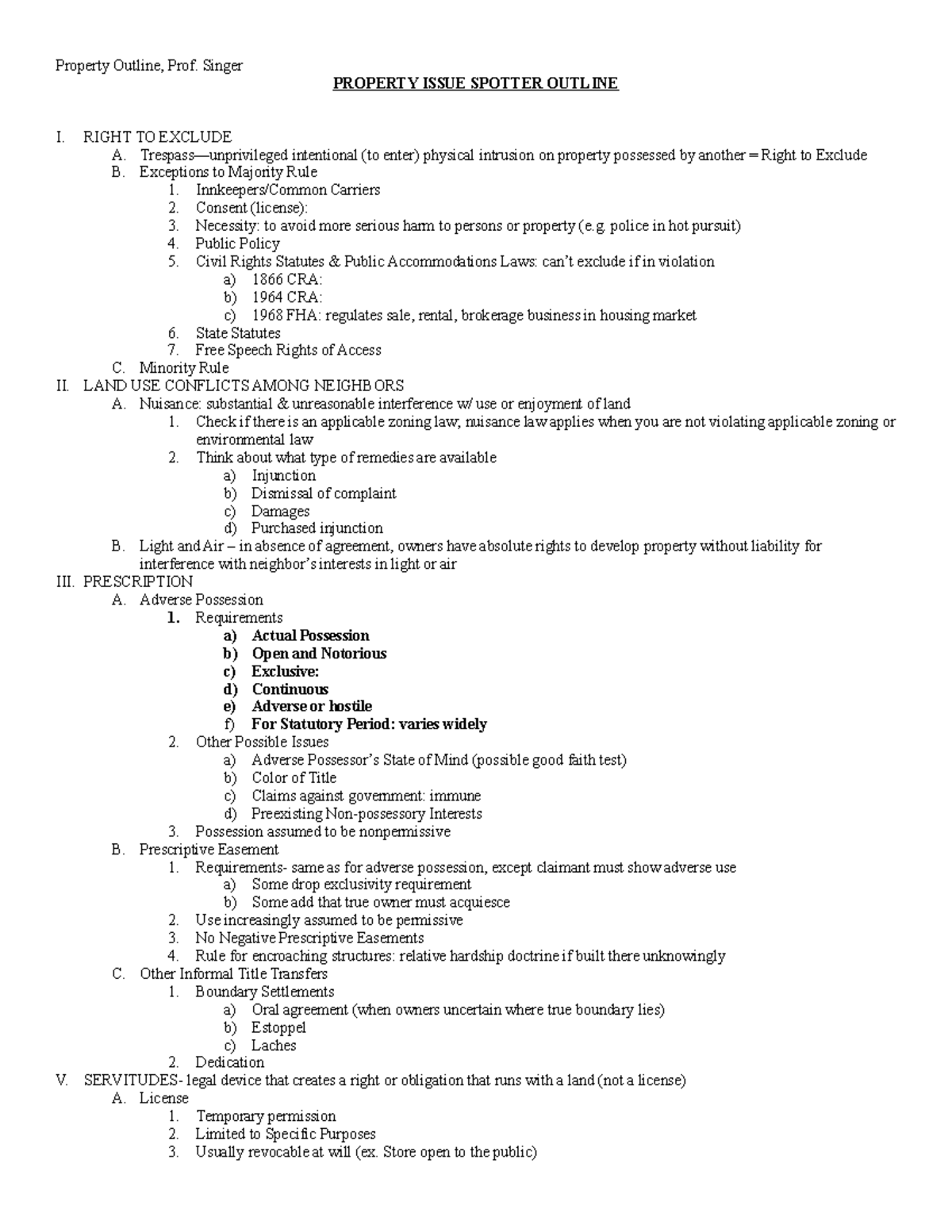 Mahoney - Property Attack Outline - Property Outline, Prof. Singer PROPERTY ISSUE SPOTTER ...