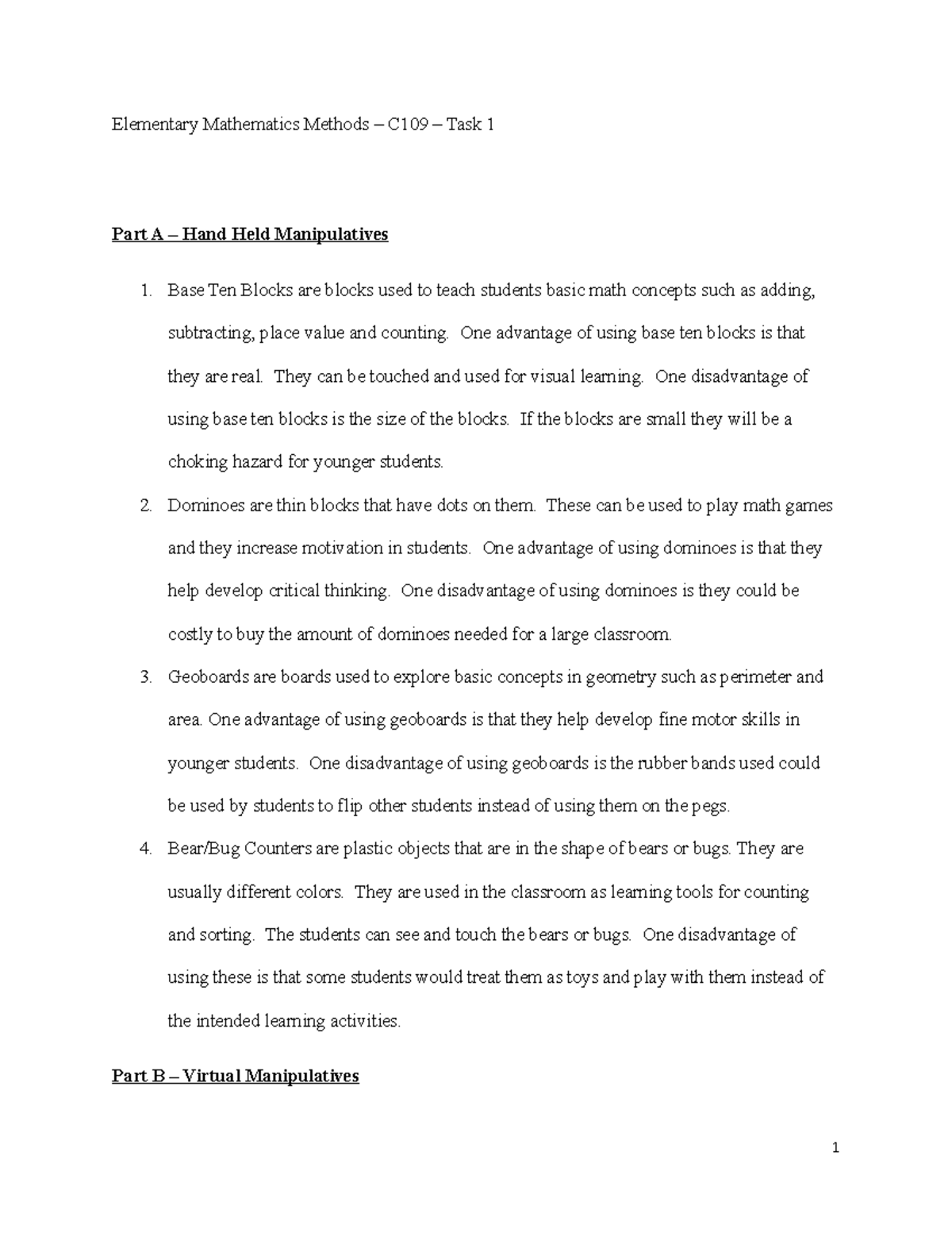 C109 Task 1 - Lesson Plan - Elementary Mathematics Methods – C109 – Task 1 Part A – Hand Held ...