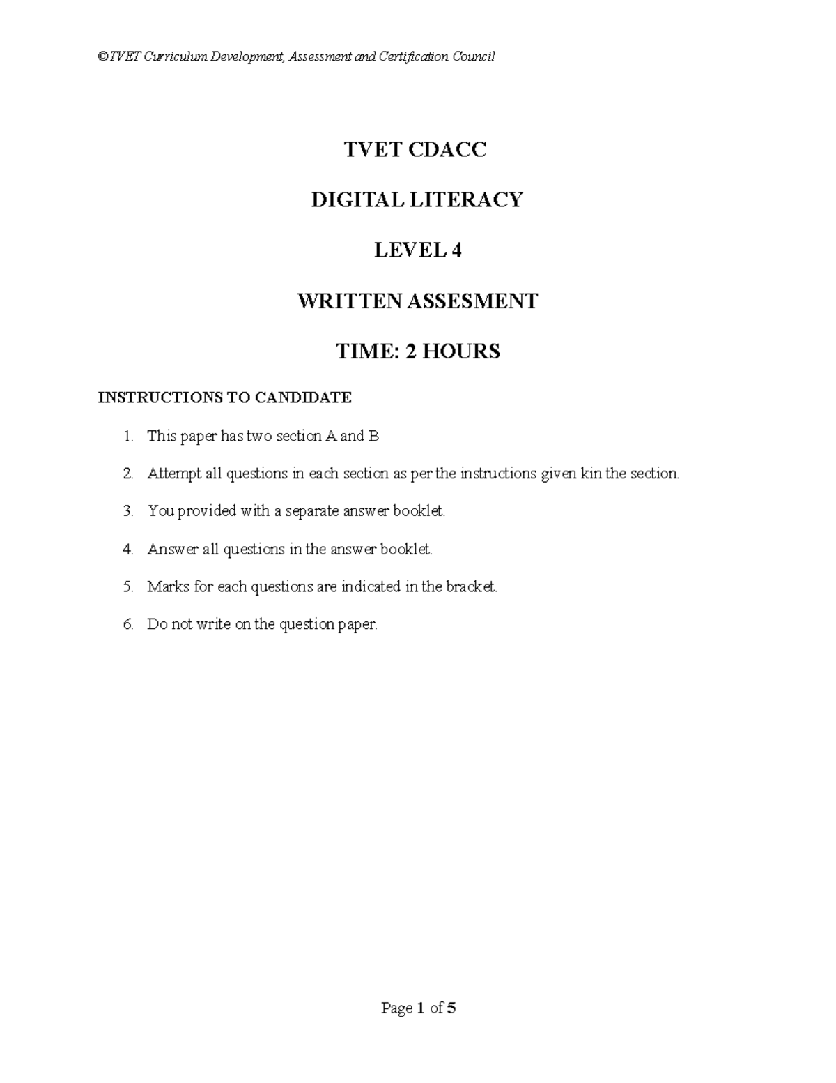 Digital Literacy Level 4 - TVET CDACC DIGITAL LITERACY LEVEL 4 WRITTEN ...