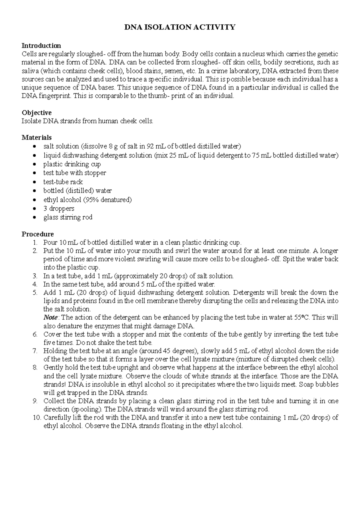 DNA- Isolation- Activity - DNA ISOLATION ACTIVITY Introduction Cells ...