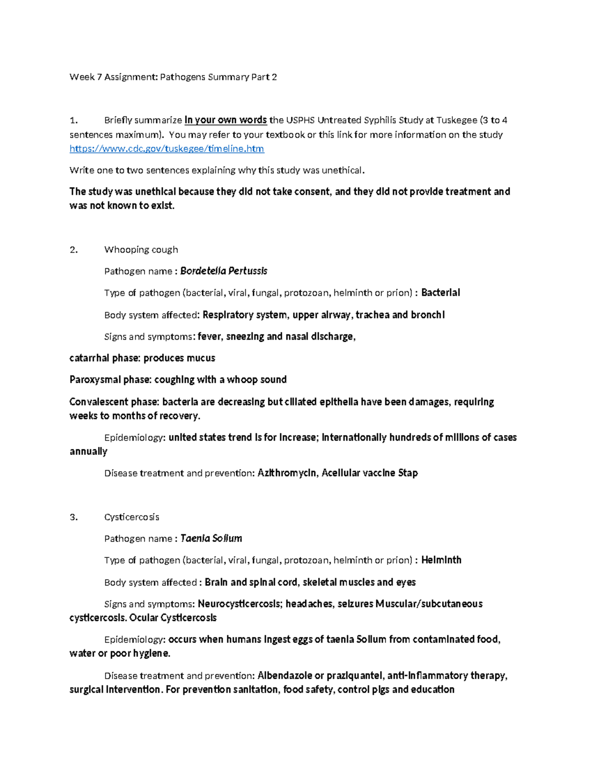 BIOS242 Week 7 Assignment - Week 7 Assignment: Pathogens Summary Part 2 ...