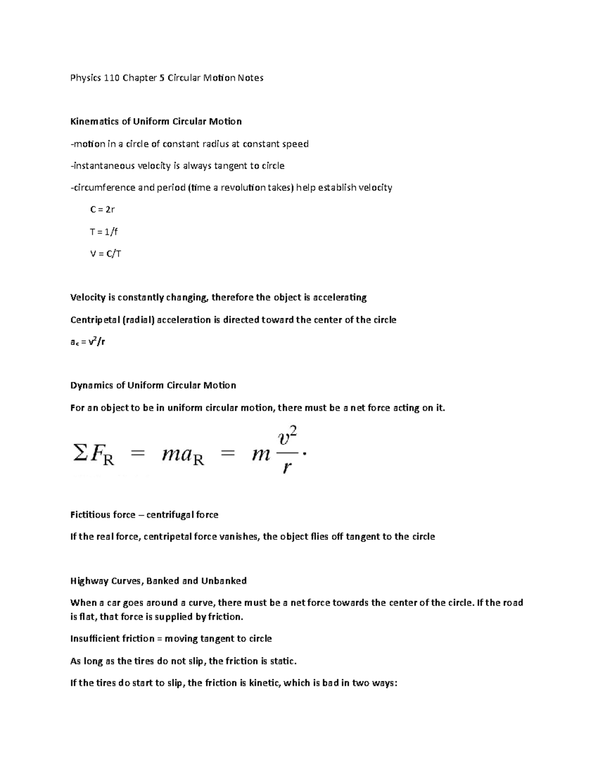Physics 110 Chapter 5 - Physics 110 Chapter 5 Circular Motion Notes ...