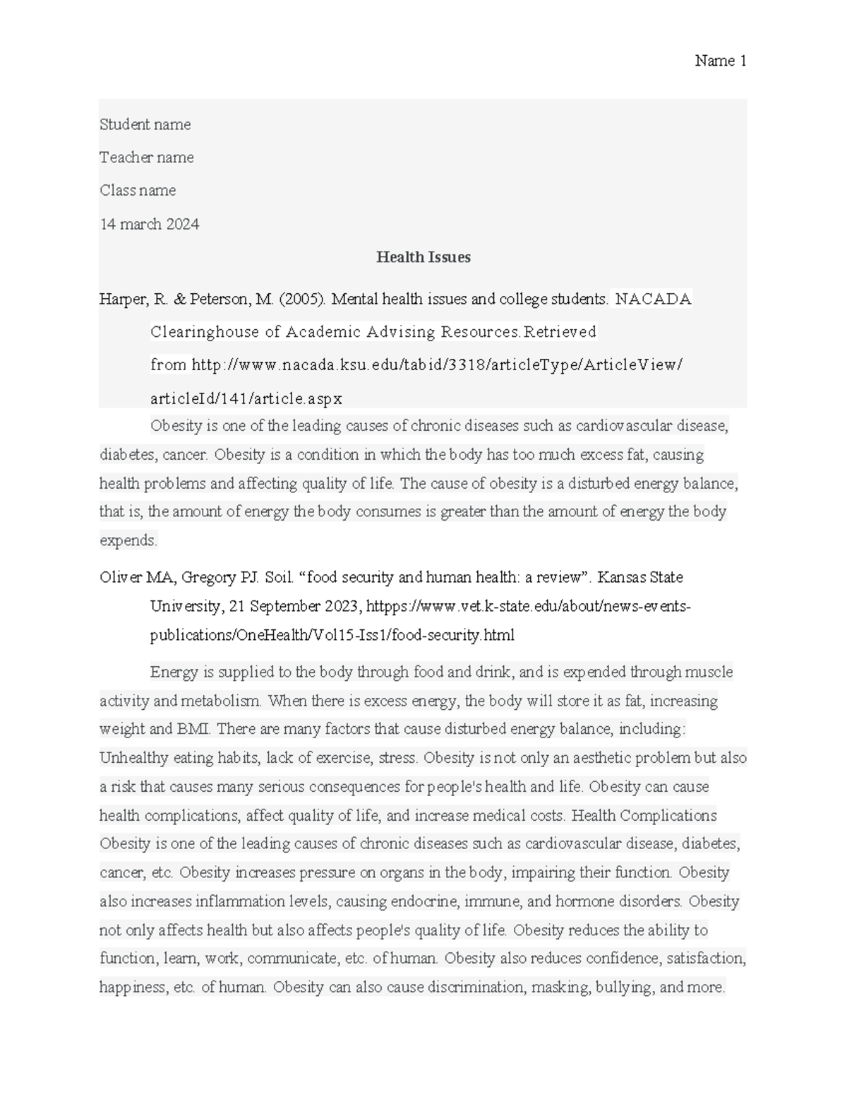 Health Issues - ASSIGNMENT - Student name Teacher name Class name 14 ...