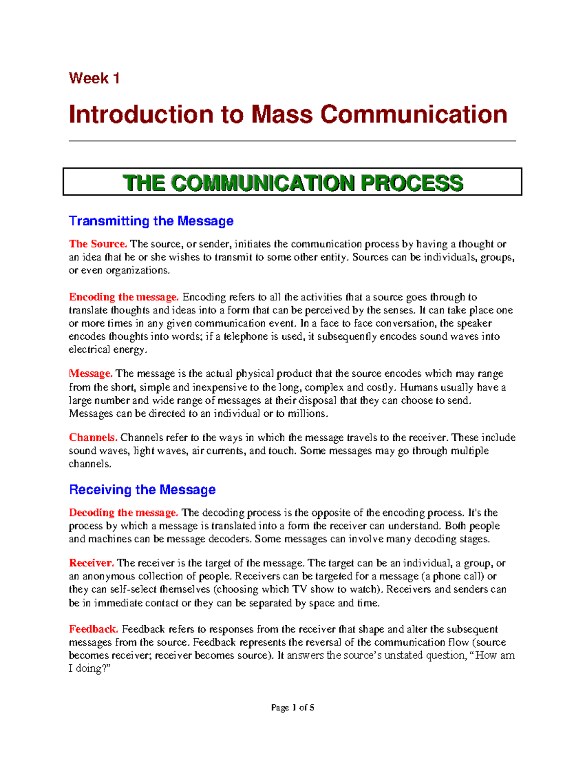 Lecture notes for students - Week 1 Introduction to Mass Communication ...